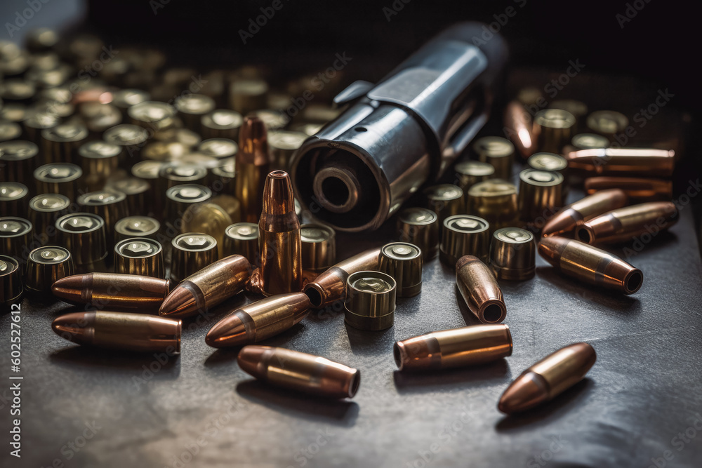 Gun with bullets lying on table. Criminal problems concept and gun ...