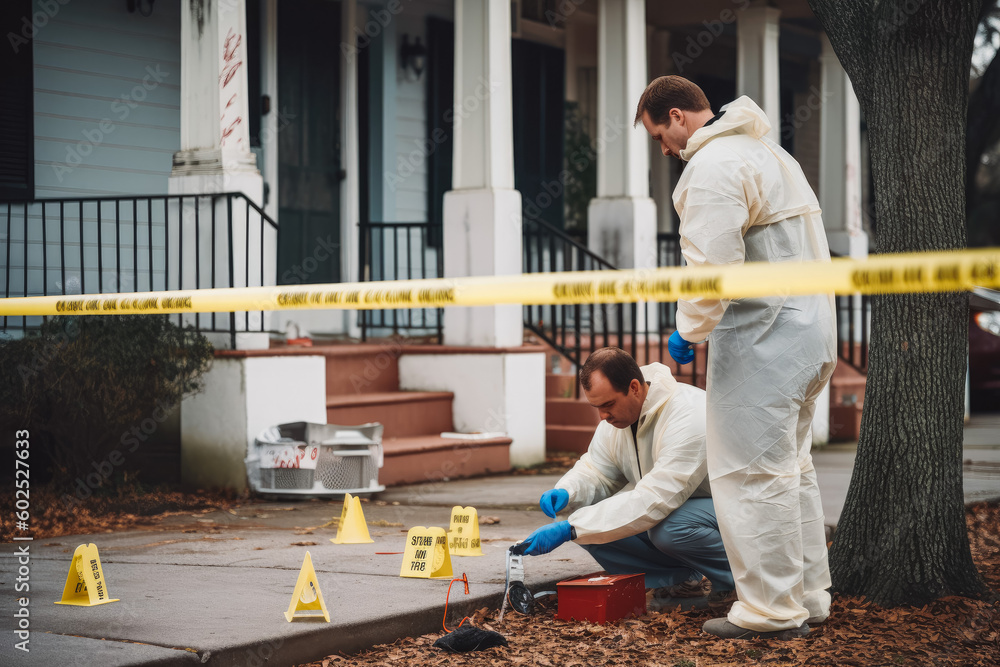 Detectives researching murder. Two detectives on crime scene searching ...