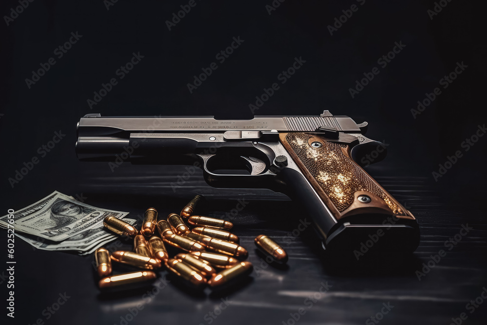 Gun with bullets lying on table. Criminal problems concept and gun ...