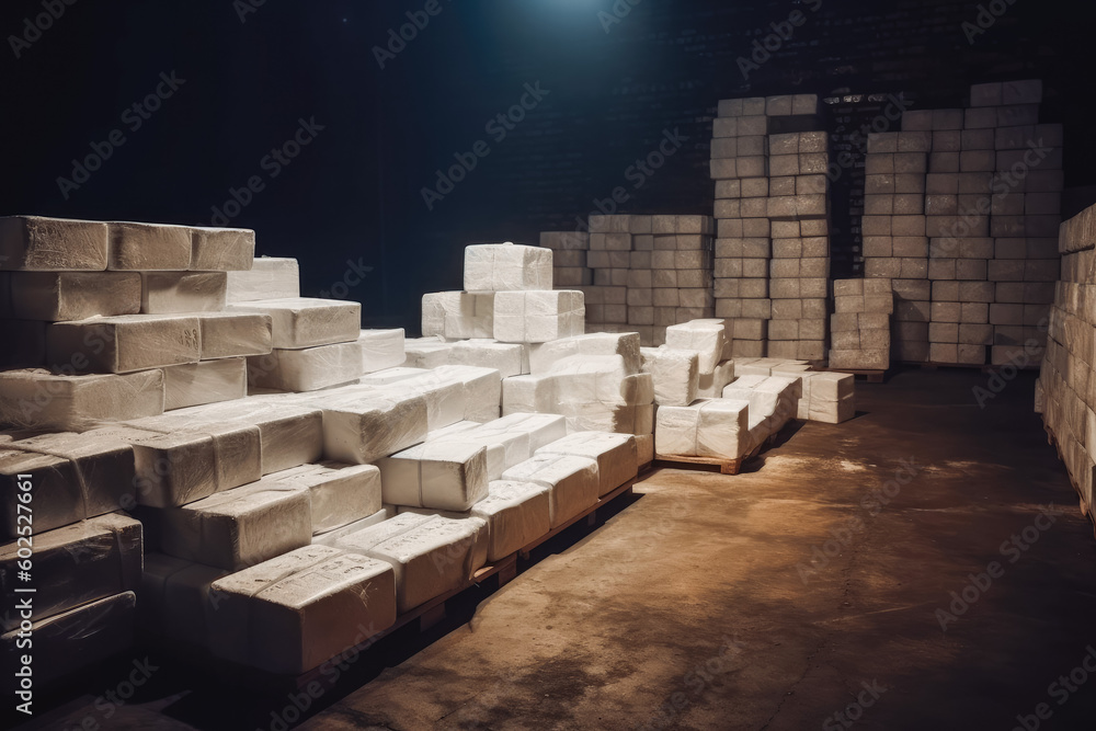 Cocaine warehouse illegal drug production. Criminal problems concept ...