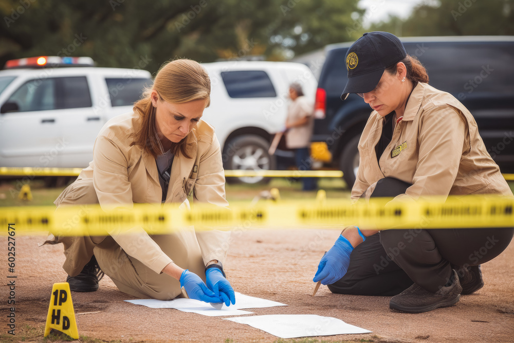 Detectives researching murder. Two detectives on crime scene searching ...