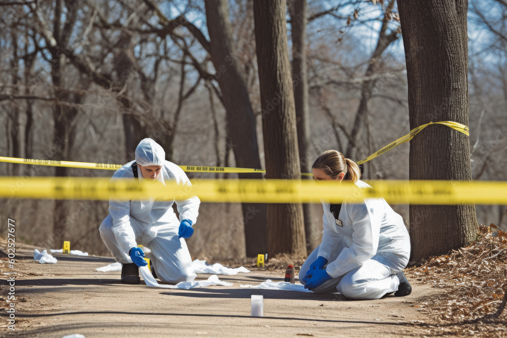 Detectives researching murder. Two detectives on crime scene searching ...