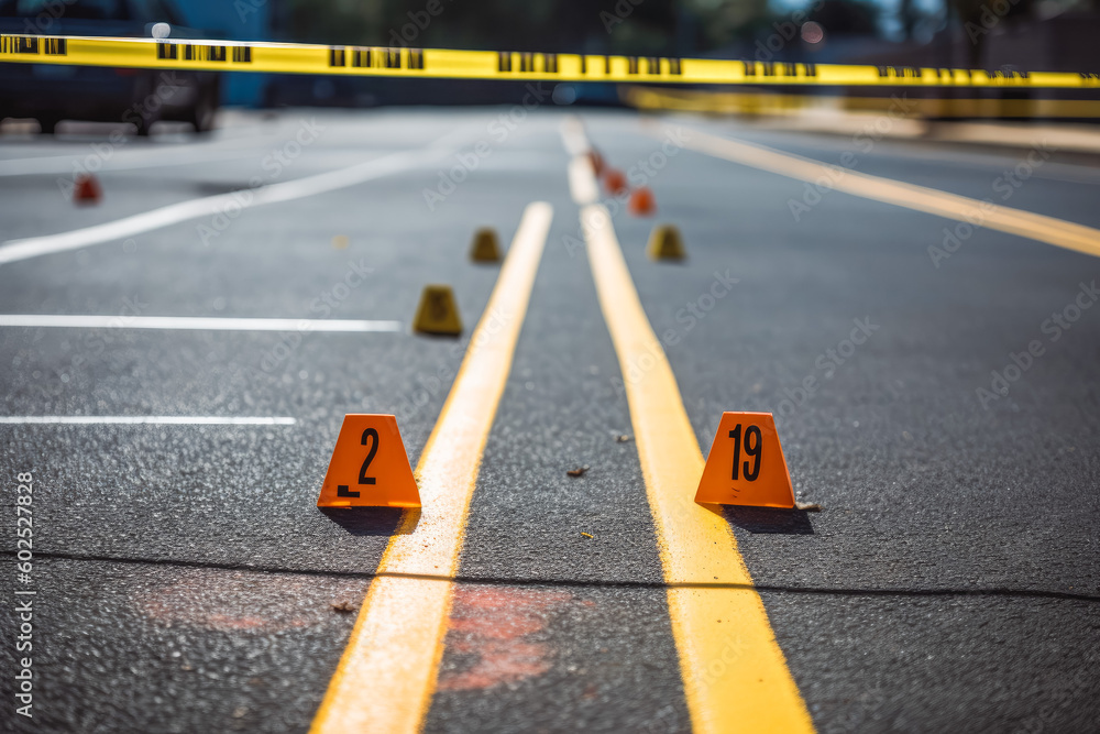Evidence markers on asphalt. Crime scene investigation concept ...
