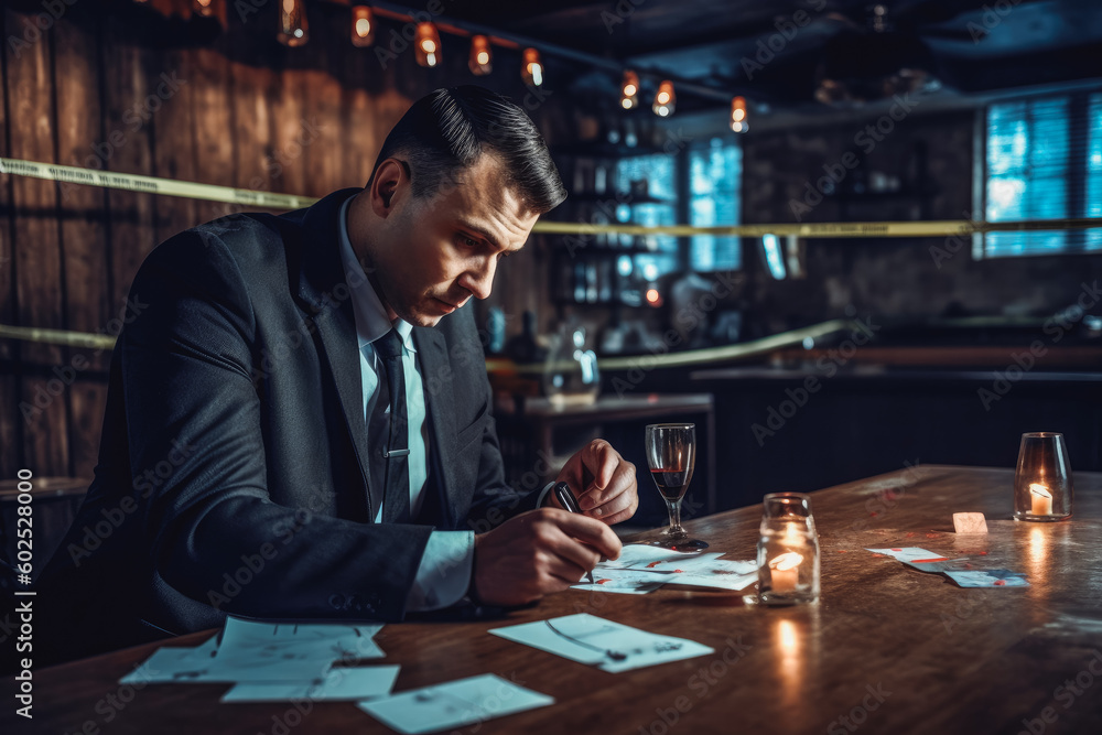 Crime scene detective examining evidence. Detective working to solve ...