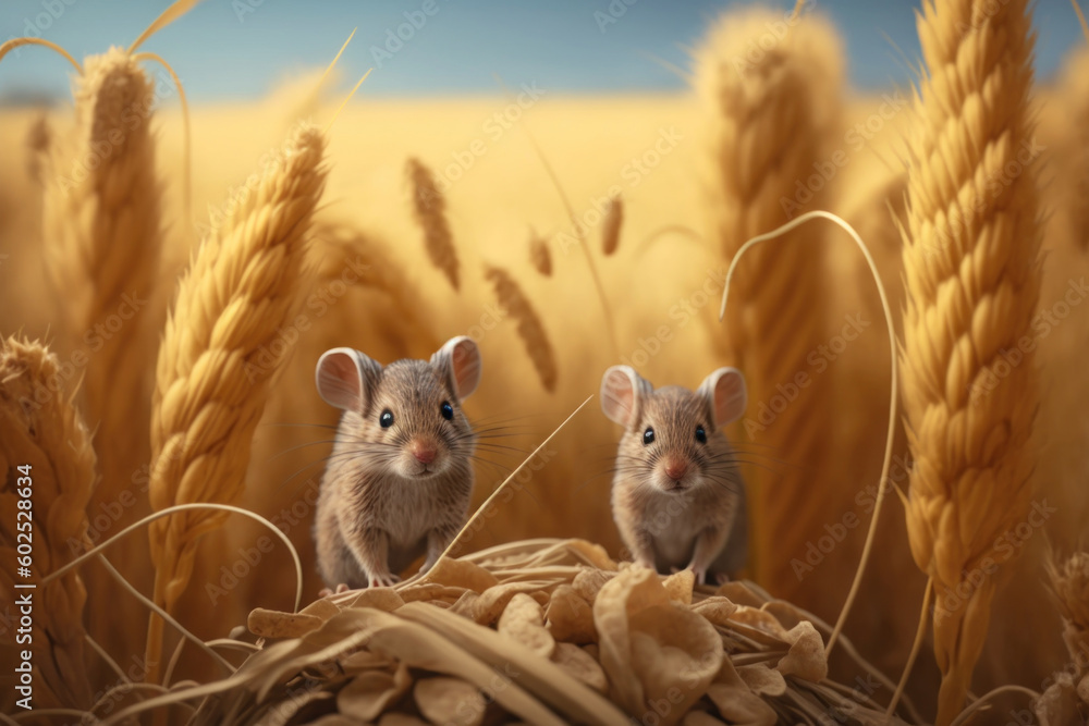 Cute field mice on wheat background. AI Generative Stock Illustration ...