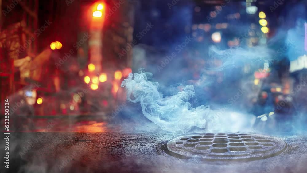 manhole on a blurred background of Times Square during shows and ...