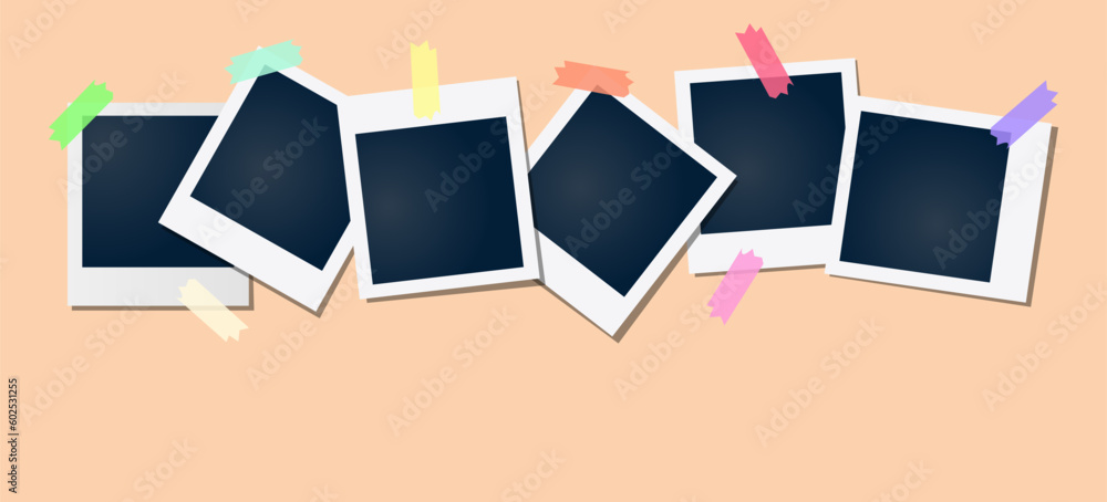Realistic modern polaroid photo frames pasted on colored transparent tape. Photos glued to a ...