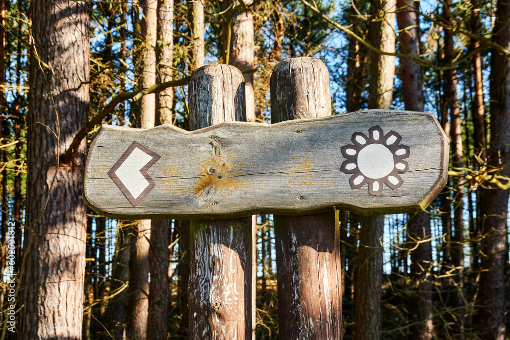 Signpost in a forest with an arrow and the sun as a sign for a place to ...