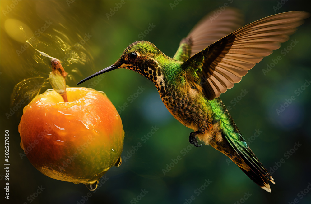 hummingbird flying away from a flower, in the style of filip hodas ...