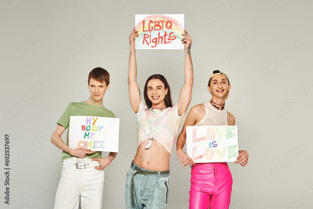 happy lgbt friends holding placards with my body my choice, lgbtq ...