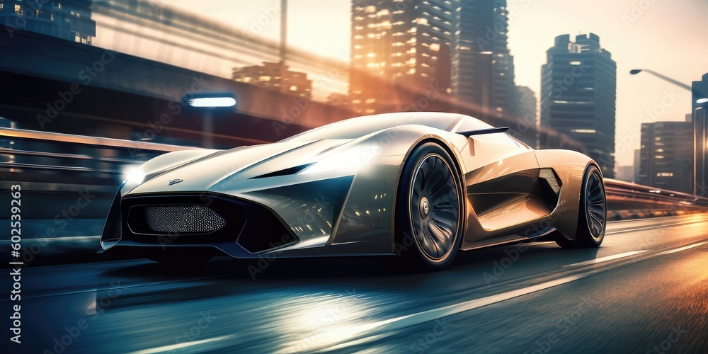 Elegant luxury super sports car future design driving on modern city ...