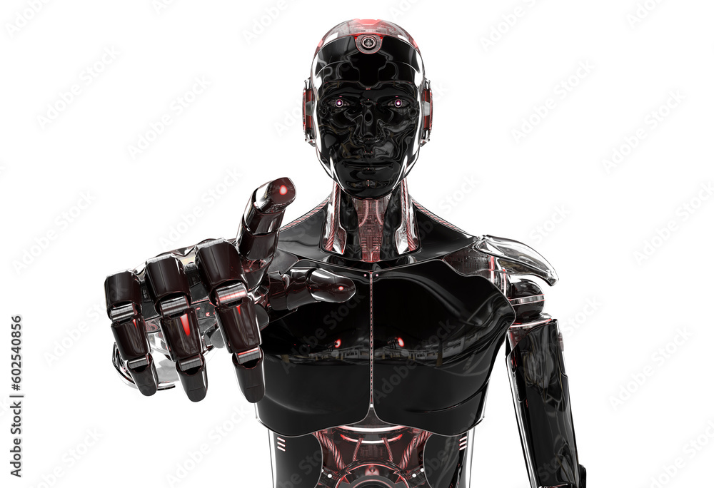 Isolated dark robot pointing finger. Futuristic cyborg using artificial ...