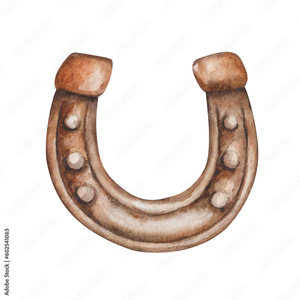 Watercolor illustration. Hand painted shoe for horses hooves. Horseshoe ...