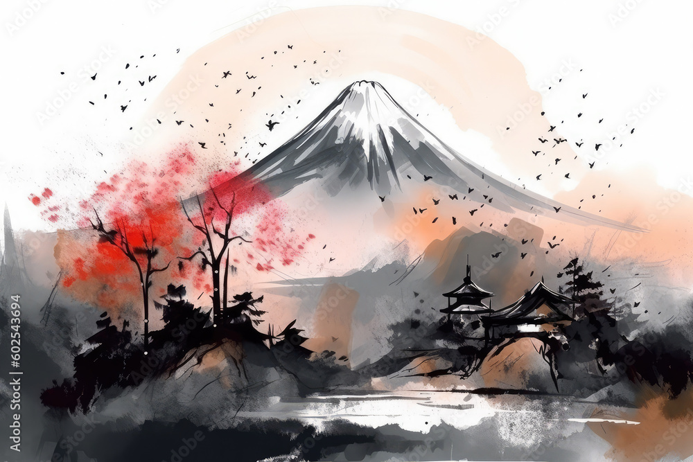 Japan traditional sumi-e painting and Indian ink concept illustration ...