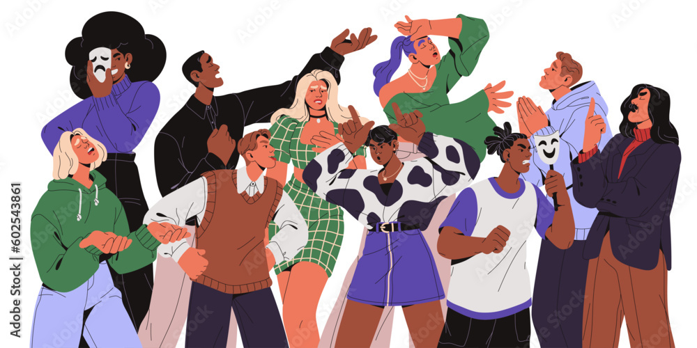 Theater art. Actors, actress group. Theatrical artists playing ...