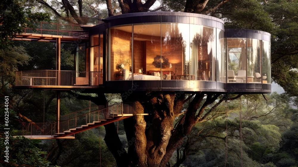 ภาพประกอบสต็อก Marvelous Luxurious Glass Tree House Nestled in an Old ...