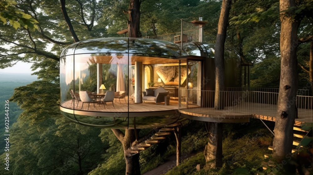 ภาพประกอบสต็อก Marvelous Luxurious Glass Tree House Nestled in an Old ...