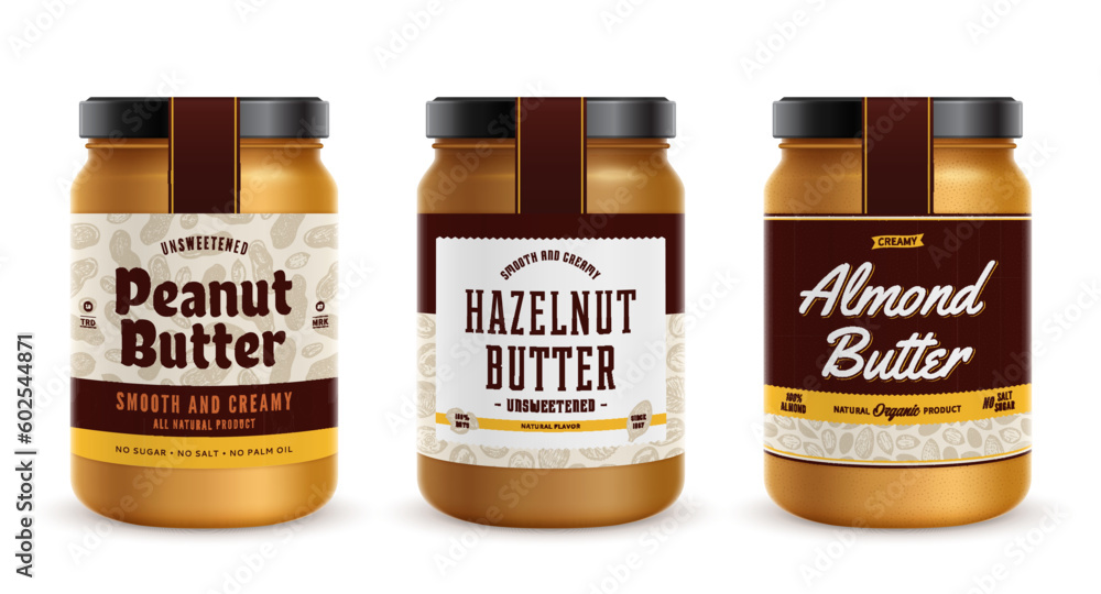 Peanut, almond and hazelnut butter jars with labels, packaging design ...