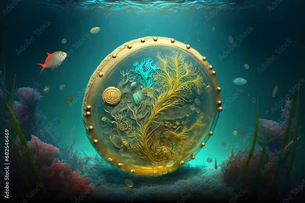 Glowing Treasure Map In Top Of Gold Coin Underwater Background ...