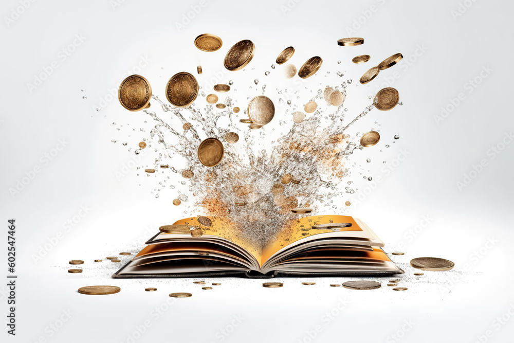 Open book with a flying coin money splash on white background, . Money ...