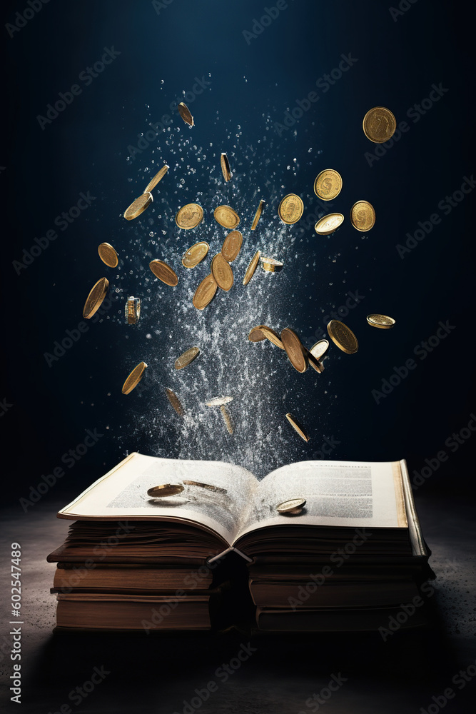 Open book with a flying coin money splash on black background. Money ...