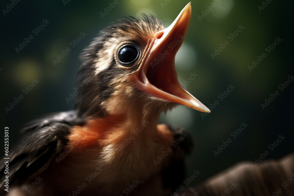 A baby bird with its mouth open, waiting to be fed by its mother ...