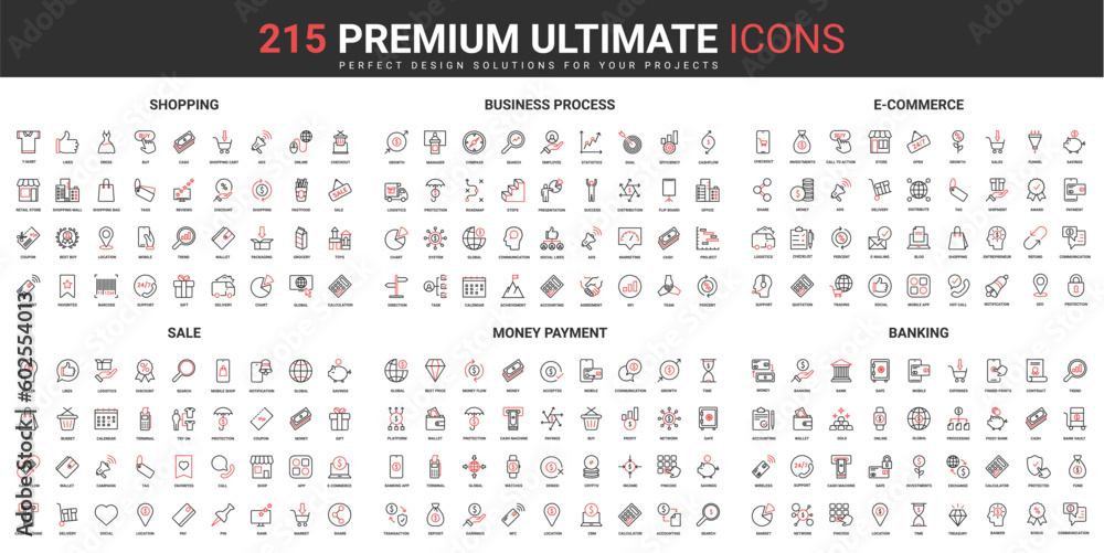 Banking, money payment, sales of ecommerce thin line red black icons set vector illustration ...
