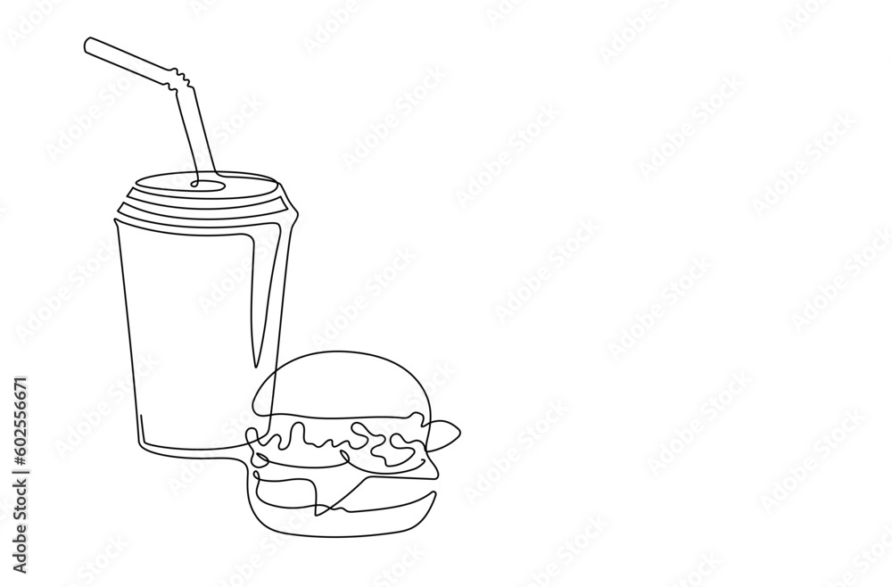 Hamburger and soda, fast food with in continuous one line art drawing ...
