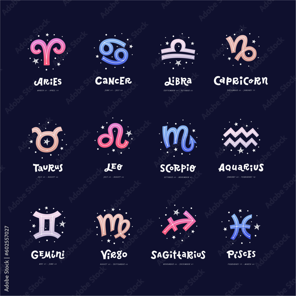 Color sings of zodiac with dates and doodle hand lettering on deep blue ...