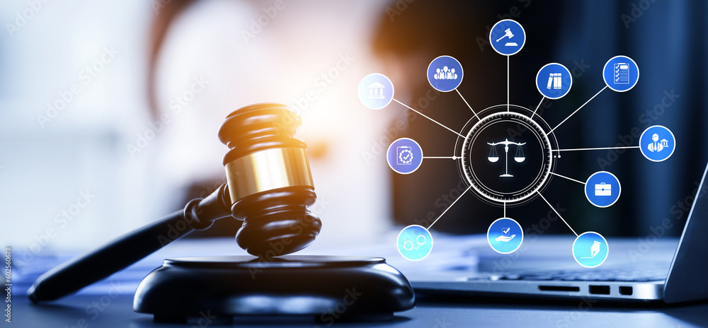 Smart law, legal advice icons and lawyer working tools in the lawyers ...