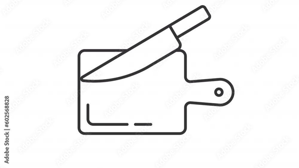 Cutting icon animation. Animated line knife cut on board. Chopping food ...