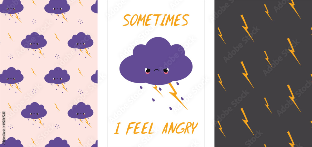 Set of cute inspirational cartoon posters and patterns with cloud and ...