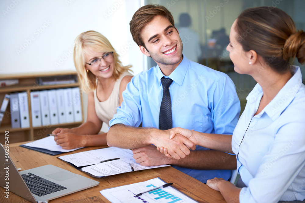 Business meeting, happy man and handshake for deal, partnership and ...