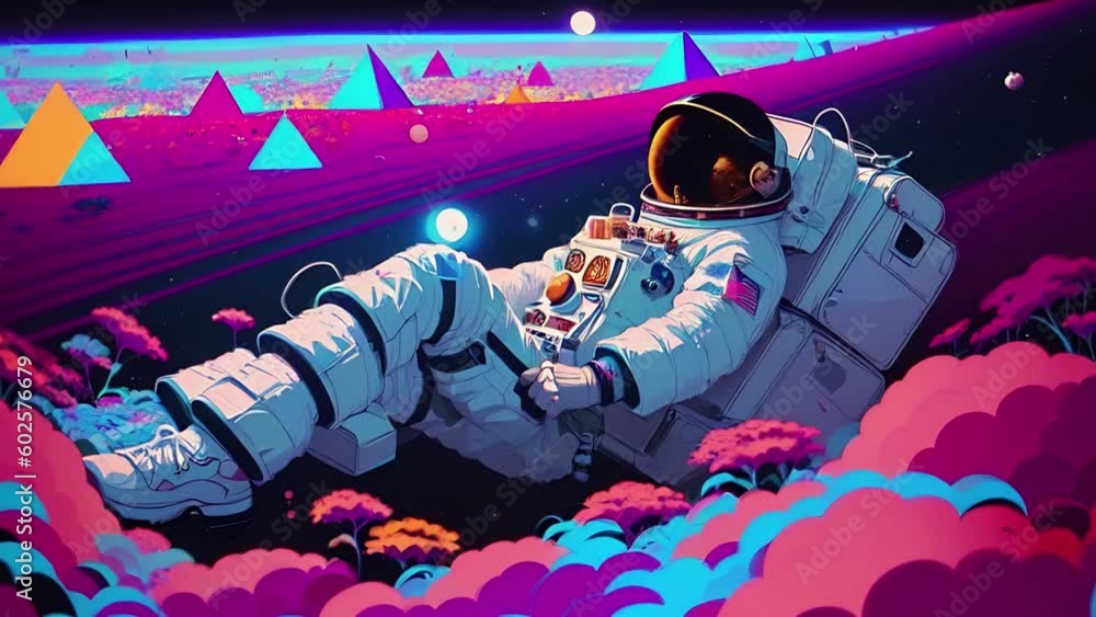 Astronaut in a spacesuit lies on a field of flowers, surrealistic ...