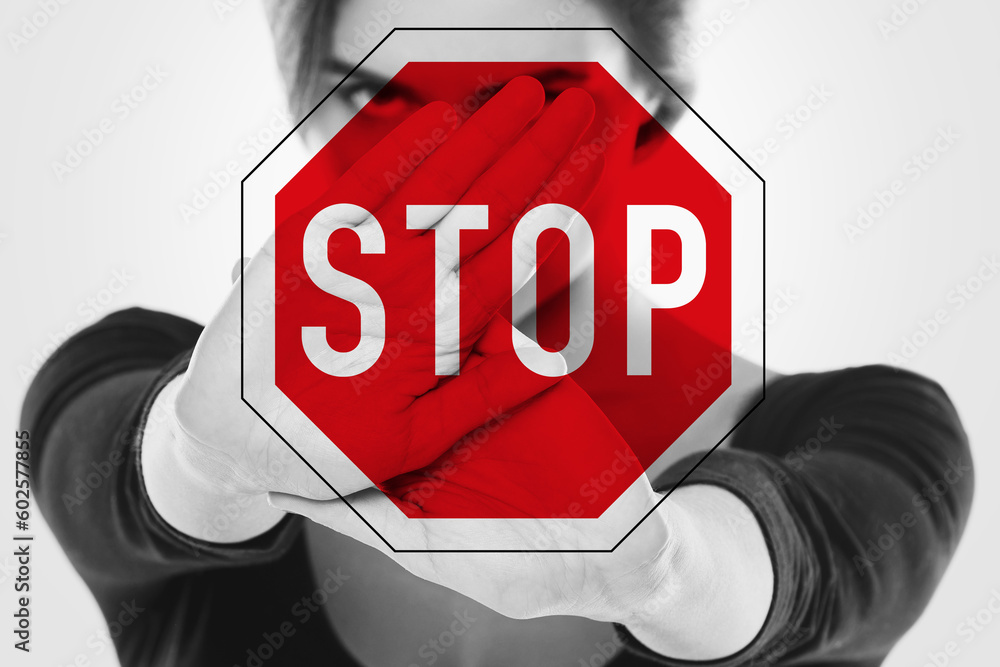 Angry woman and stop sign. Women's rights - stop discrimination ...