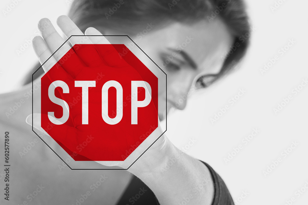 Stockfoto Angry woman and stop sign. Women's rights - stop ...