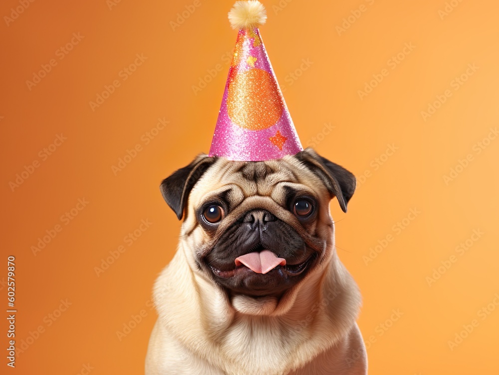 Cute pug dog with pink party hat. Happy birthday card. Generative Ai ...