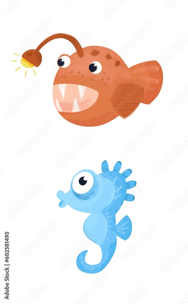 Cute devil fish, seahorse. Underwater animals. Sea creatures. Cartoon ...