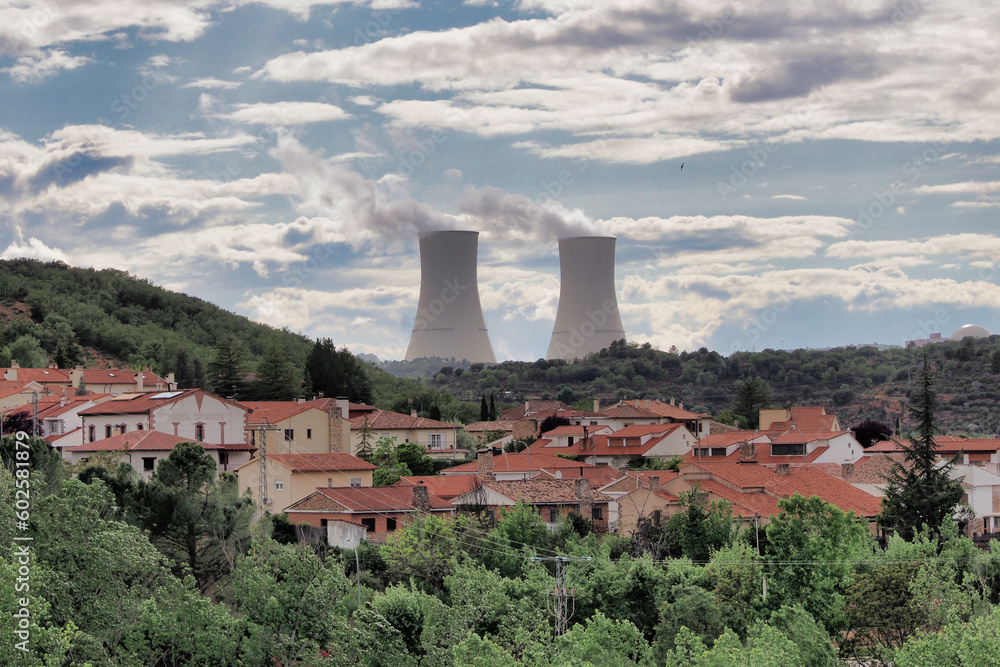 town of trillo with the nuclear power plant in the background Stock ...
