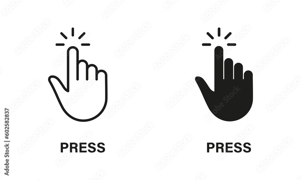 Press Gesture, Hand Cursor for Computer Mouse Line and Silhouette Black ...