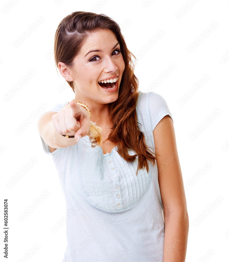 Laugh, bullying and woman pointing with smile in studio on white ...