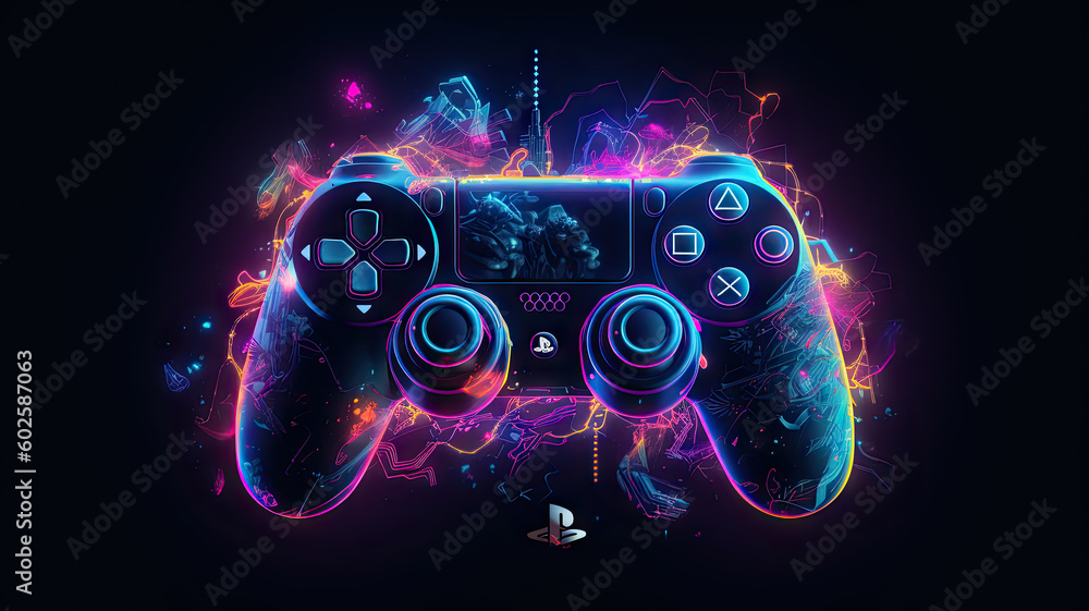 Glowing neon light gamepad - generative AI, AI generated Stock ...