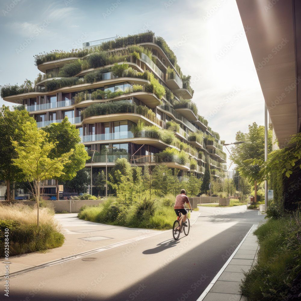 sustainable smart city concept with eco friendly houses with gardens ...