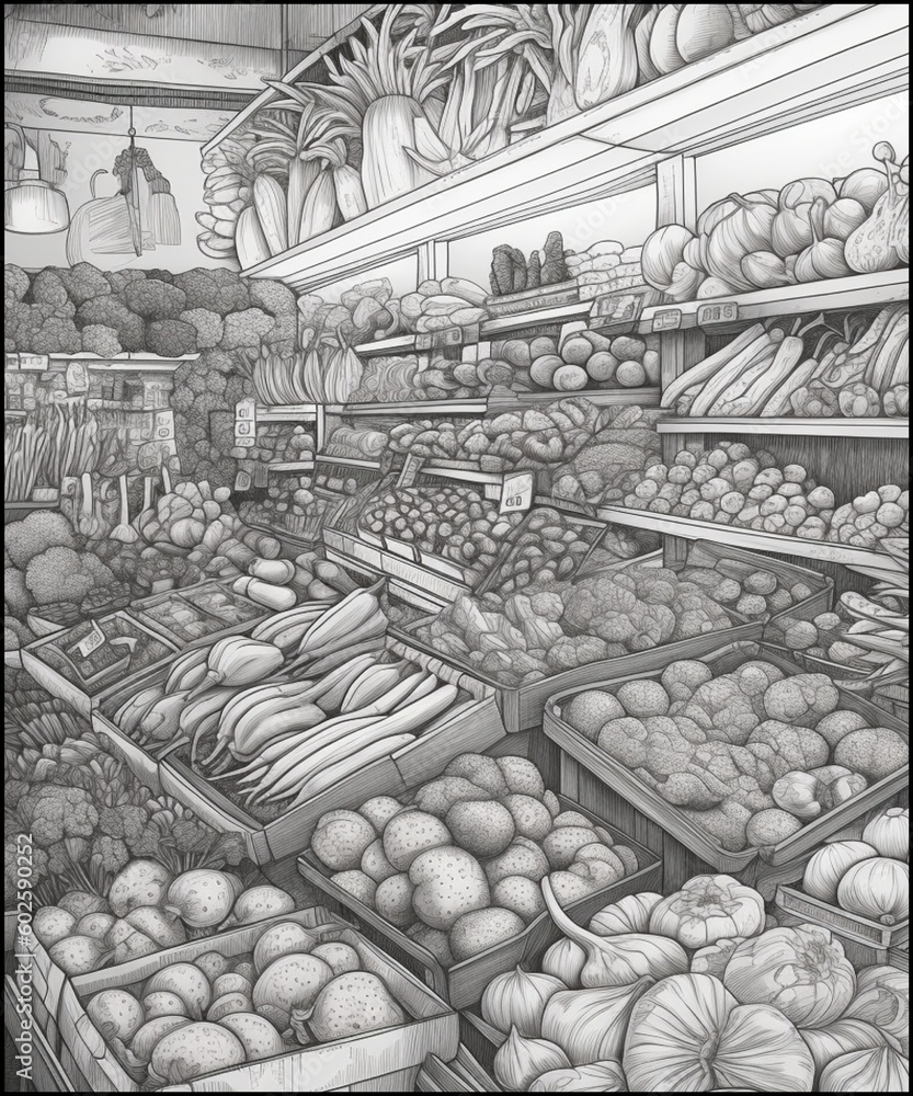 Vegetables in Supermarket Coloring Pages Stock Illustration | Adobe Stock
