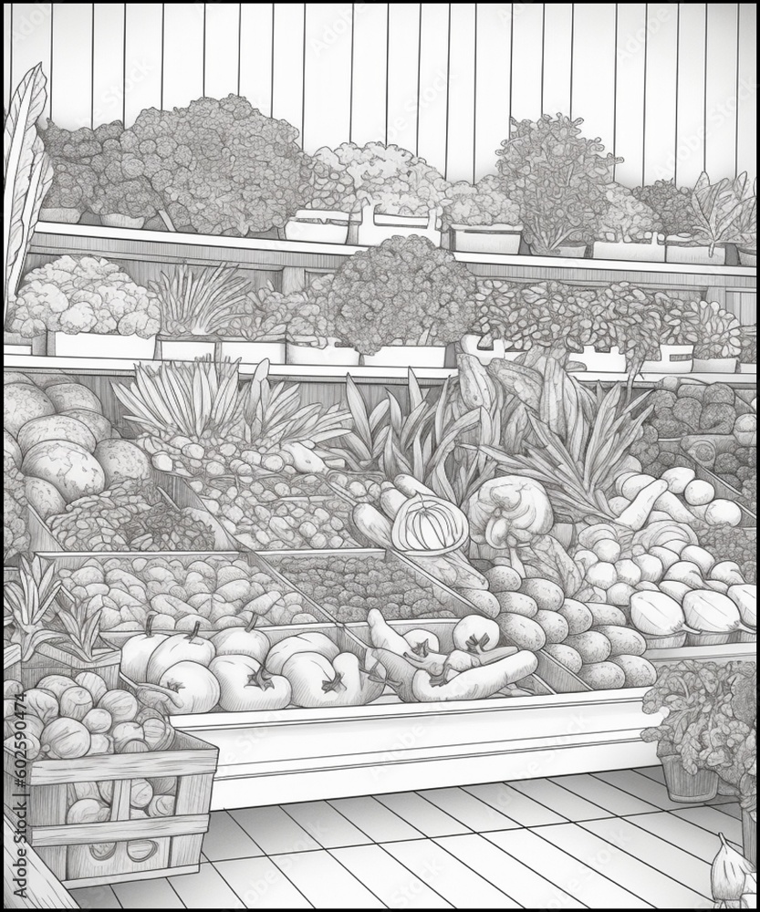 Vegetables in Supermarket Coloring Pages Stock Illustration | Adobe Stock