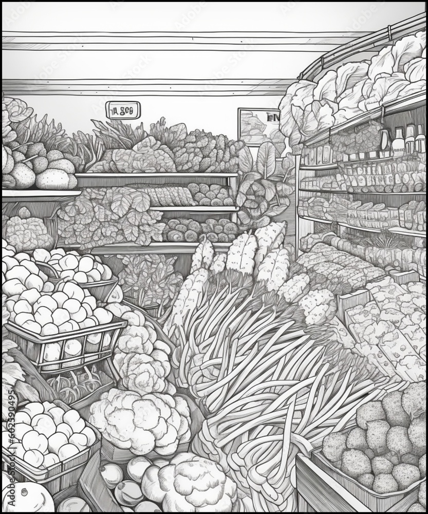 Vegetables in Supermarket Coloring Pages Stock Illustration | Adobe Stock