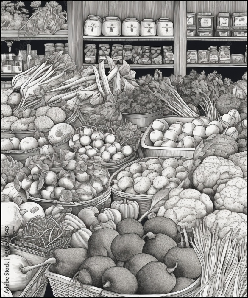 Vegetables in Supermarket Coloring Pages Stock Illustration | Adobe Stock