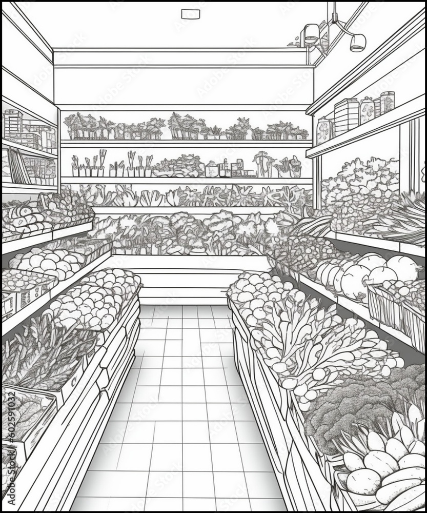 Vegetables in Supermarket Coloring Pages Stock Illustration | Adobe Stock