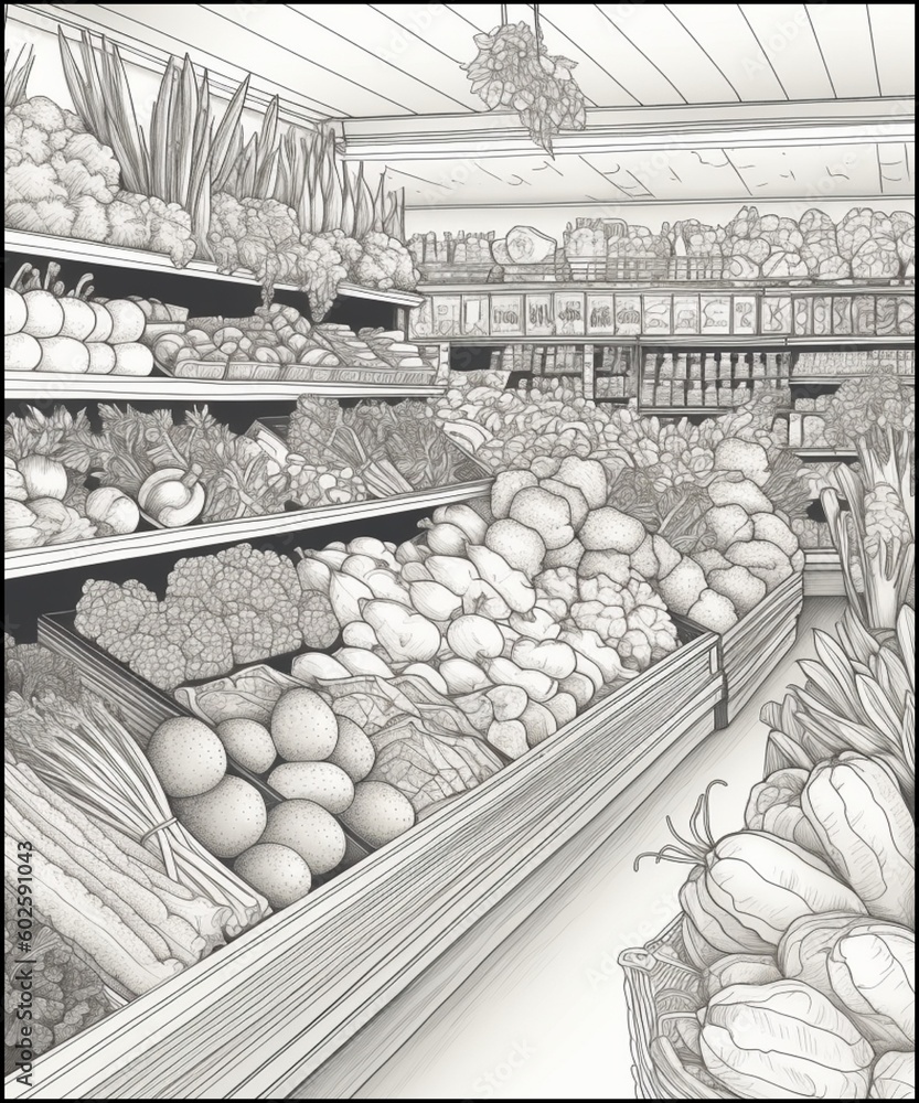 Vegetables in Supermarket Coloring Pages Stock Illustration | Adobe Stock