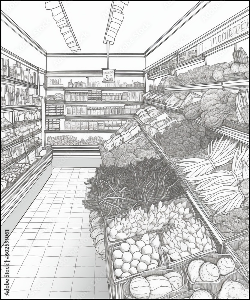 Vegetables in Supermarket Coloring Pages Stock Illustration | Adobe Stock